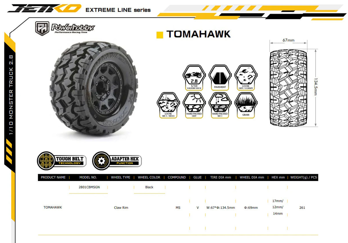Powerhobby 1/10 2.8 MT Tomahawk Belted Tires (2) With Removable Hex Wh ...