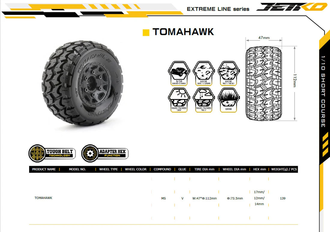 Powerhobby Tomahawk 1/10 2.8 SC Belted Tires (2) with Removable Hex Wh ...